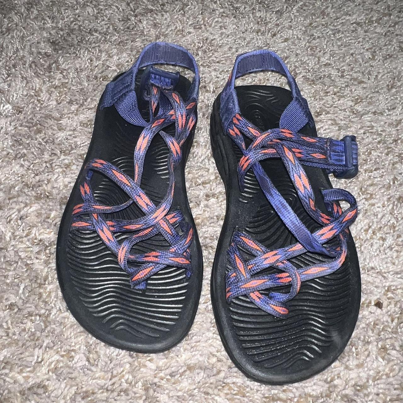 Chaco sandals in purple and orange print. - Depop