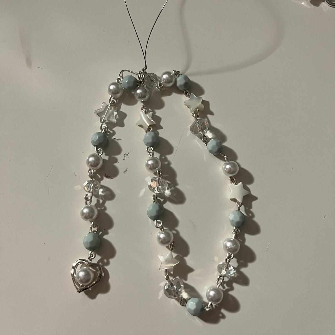 pastel blue beaded phone charm pearl and silver... - Depop