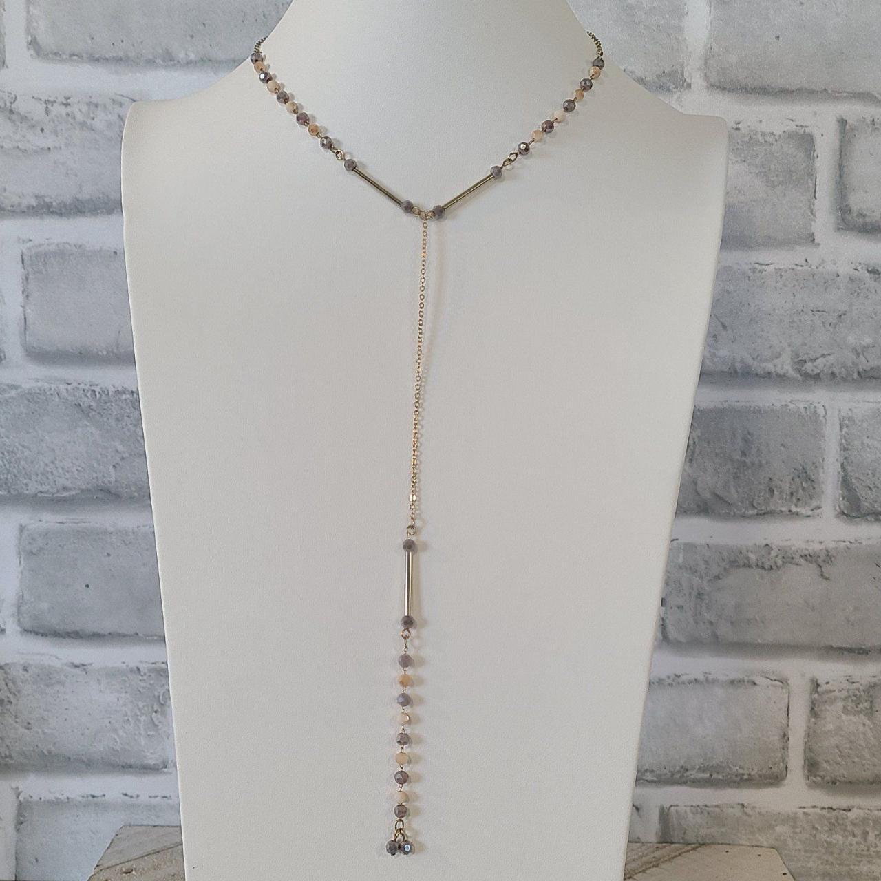 Jamie Rocks NYC Dainty Y Necklace Crystal Beads Gold... - Depop
