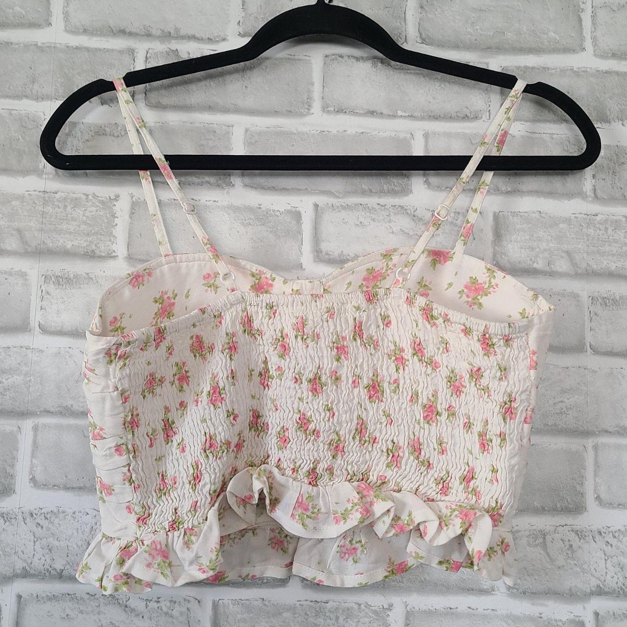 Sim and Sam Pink Floral Crop Top Bustier L Smocked... | Depop