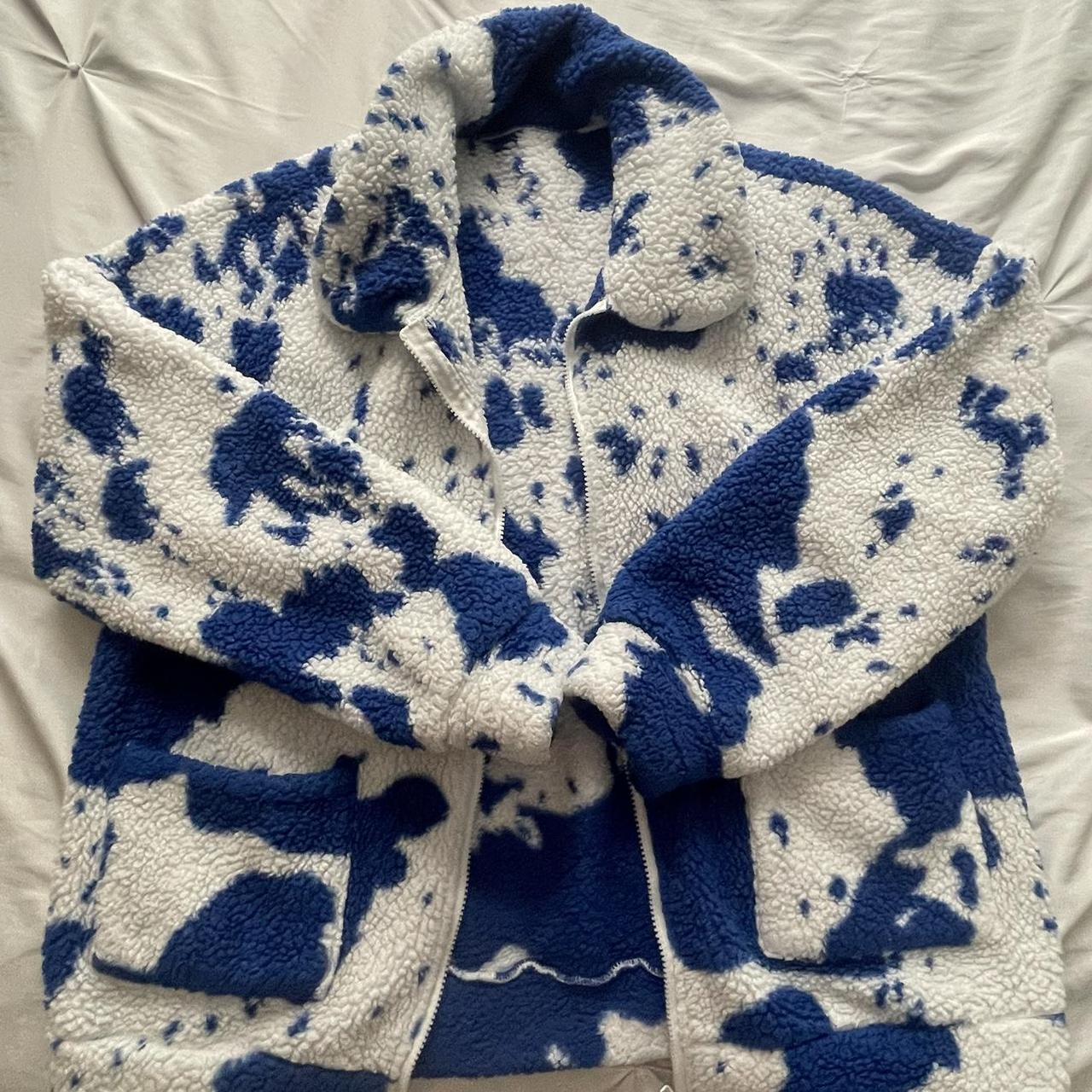 Fuzzy jacket with cool spotted design. Size medium. - Depop