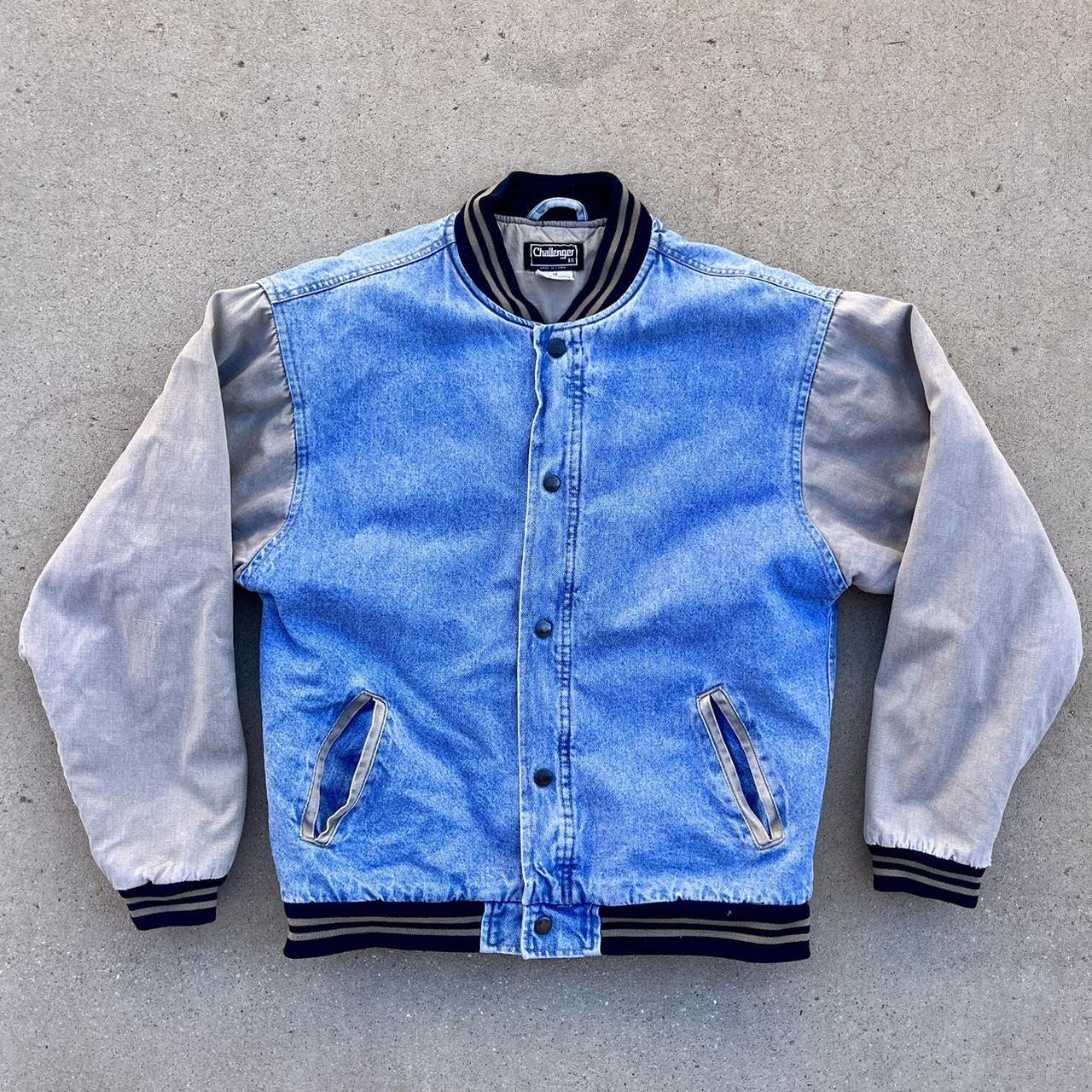 Vintage Challenger Denim Varsity jacket Solid... - Depop