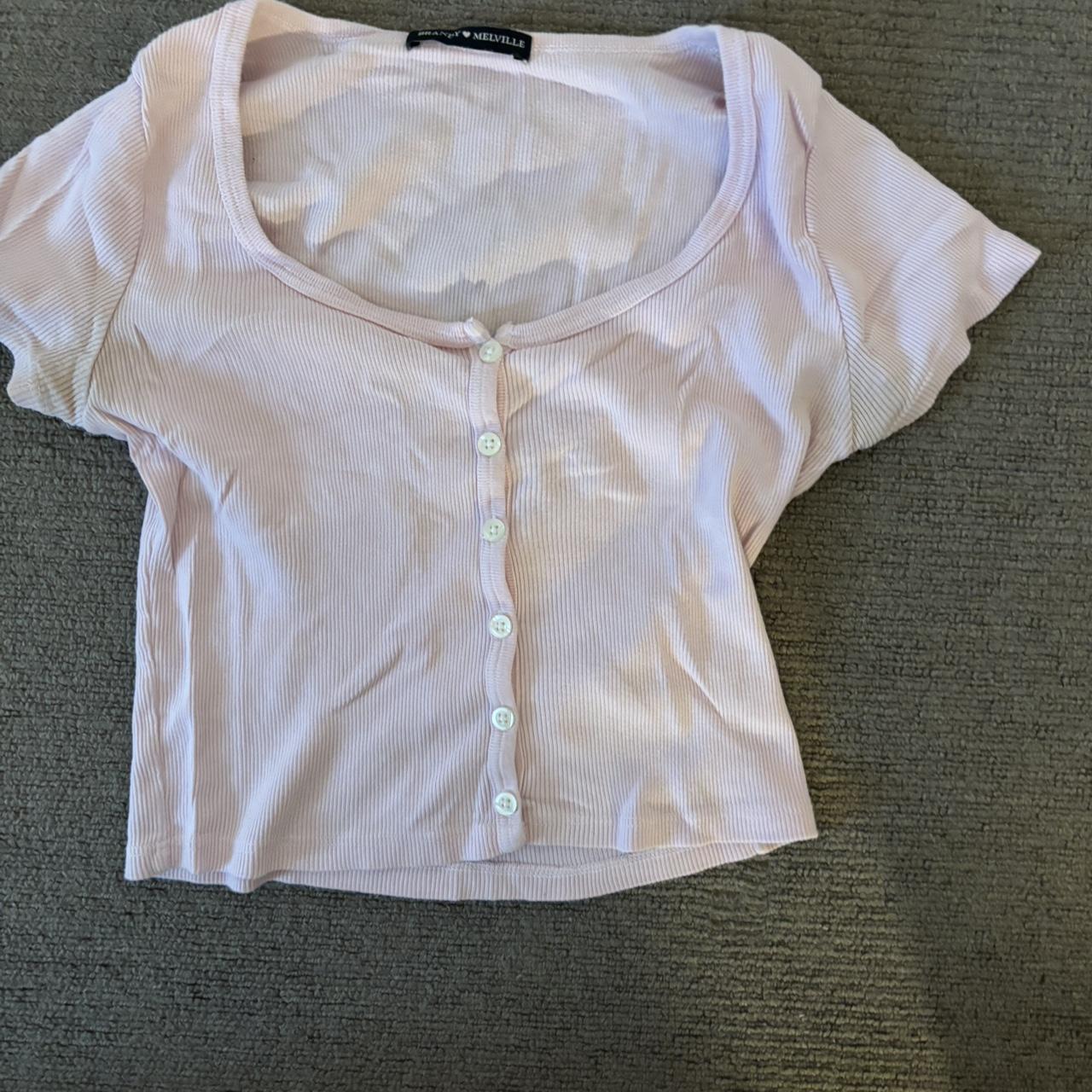 Pink brandy melville cropped button up one size no... - Depop