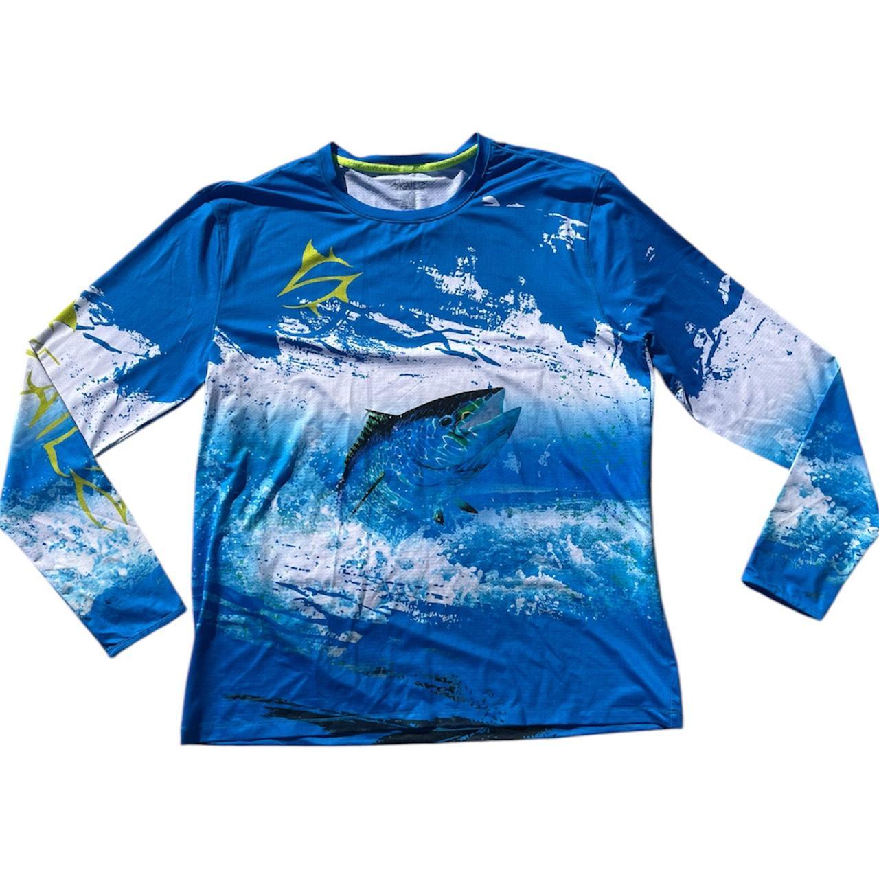 Loco Kaile Blue and white long sleeve fishing shirt... - Depop