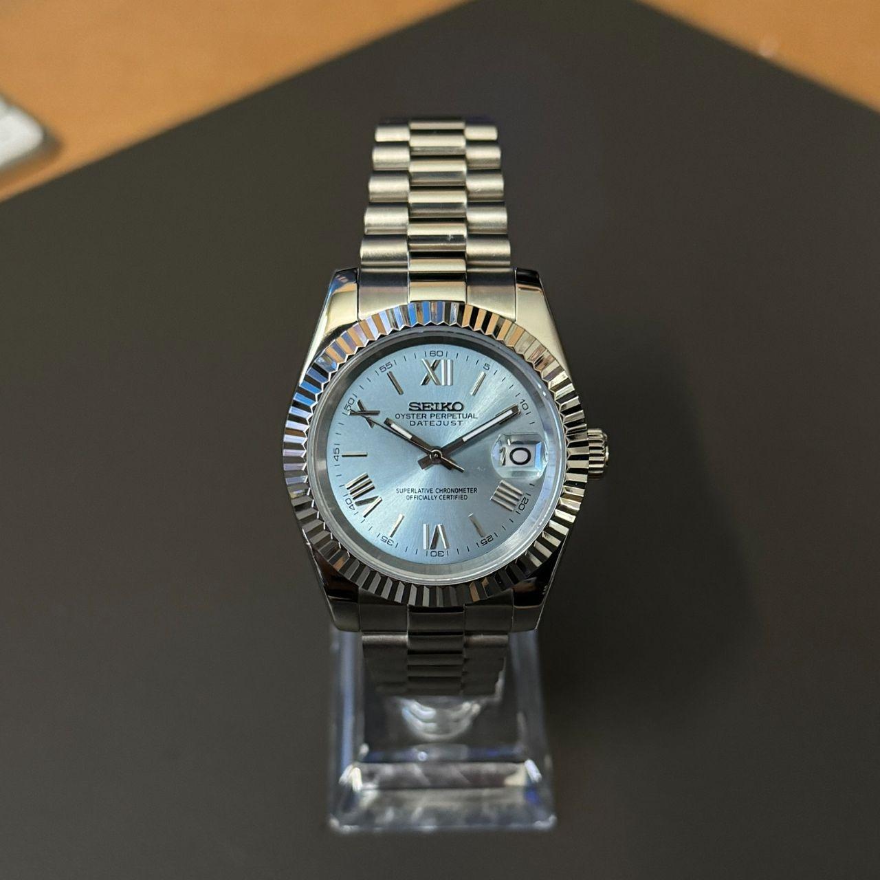 Seiko Mod Datejust: Stainless Steel Ice Blue Dial... | Depop
