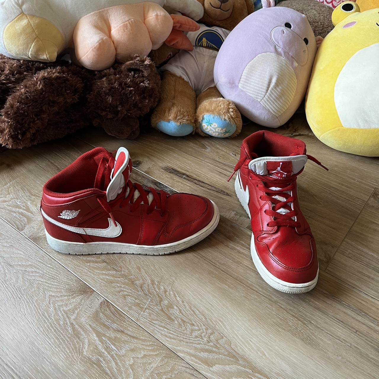 Jordan 1s Red and white mids -older shoes worn... - Depop