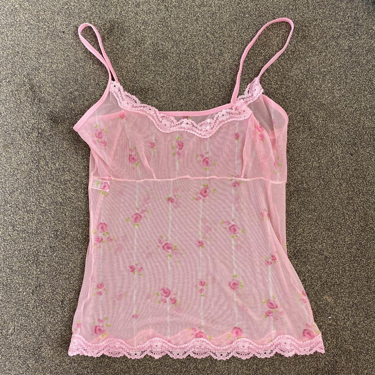 beautiful 90s sheer mesh pink floral vest cami... - Depop
