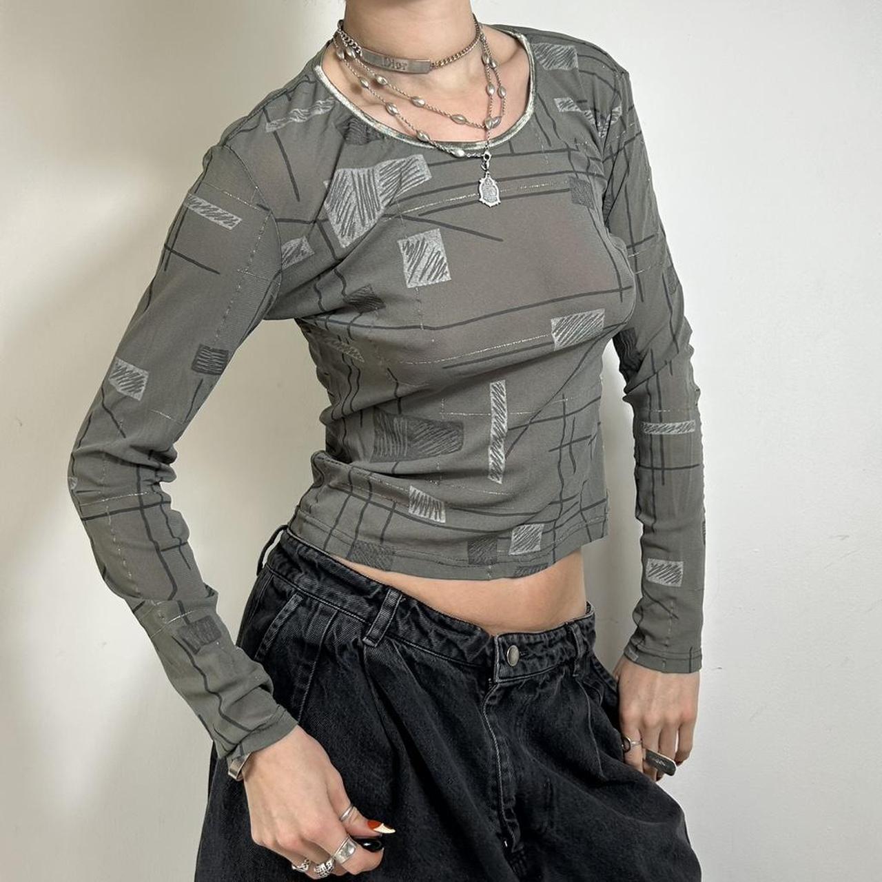 Khaki green sheer long sleeve top 90s sheer mesh... | Depop