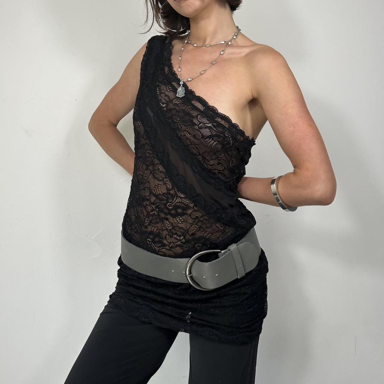 Black sheer lace top Sheer lace asymmetrical... | Depop