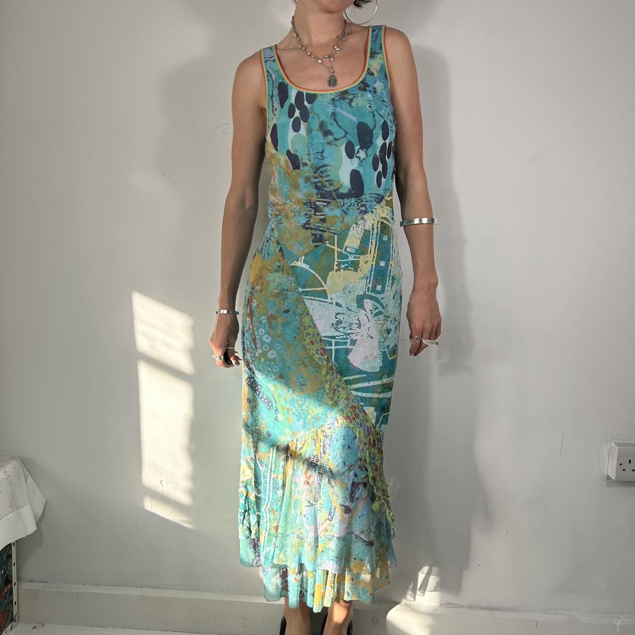Turquoise blue mesh maxi dress Graphic print... | Depop