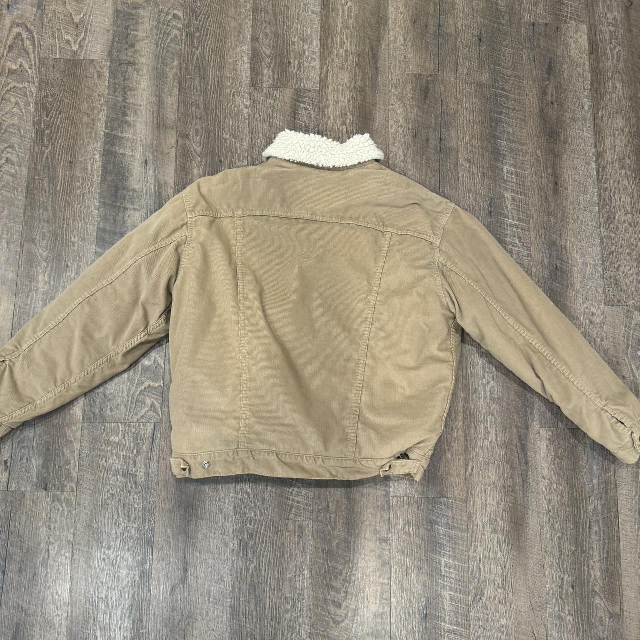 Tan and cream corduroy Levi’s jacket with white fur... - Depop