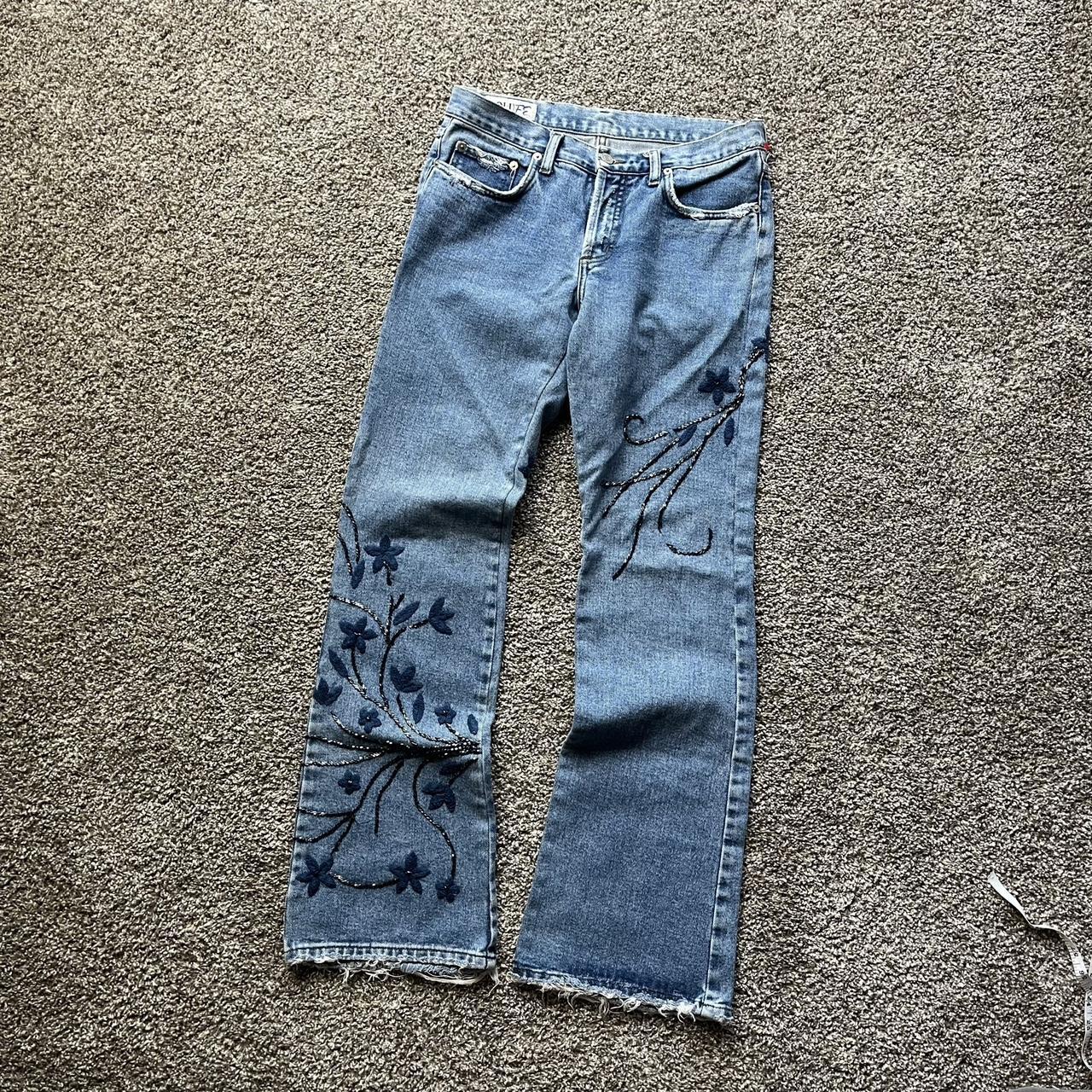 vintage y2k womens flared floral pattern jeans size... - Depop