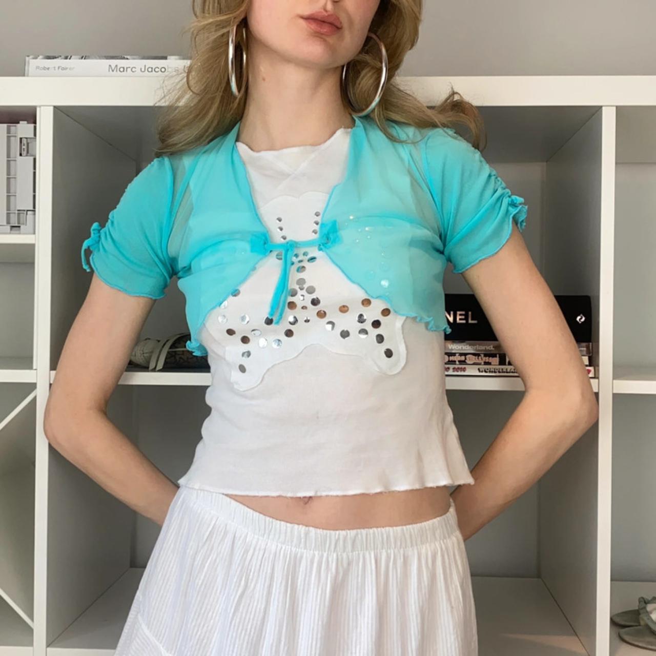 Deadstock 00’s turquoise blue mesh tie front bolero... - Depop