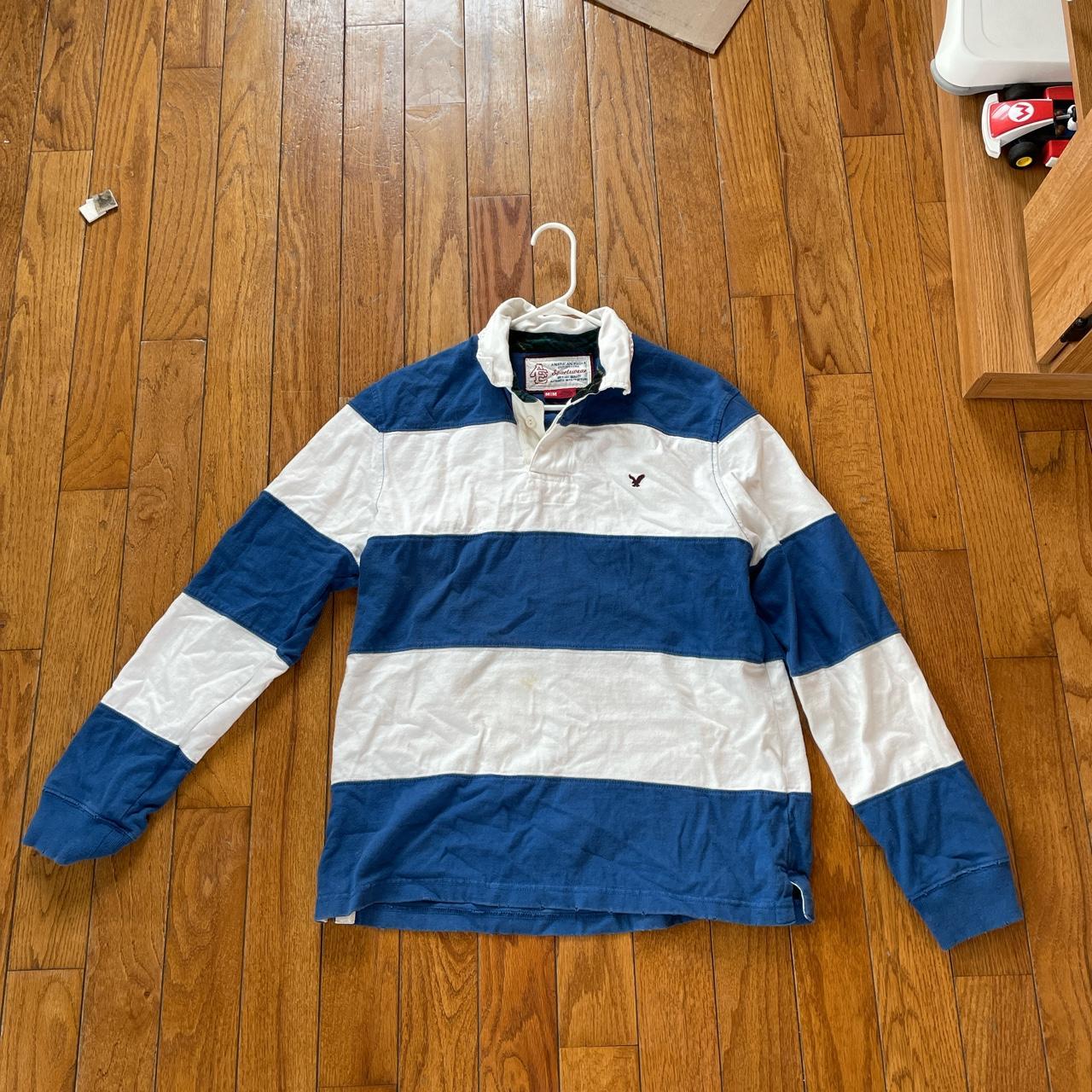 American Eagle Men's Blue and White Jumper | Depop