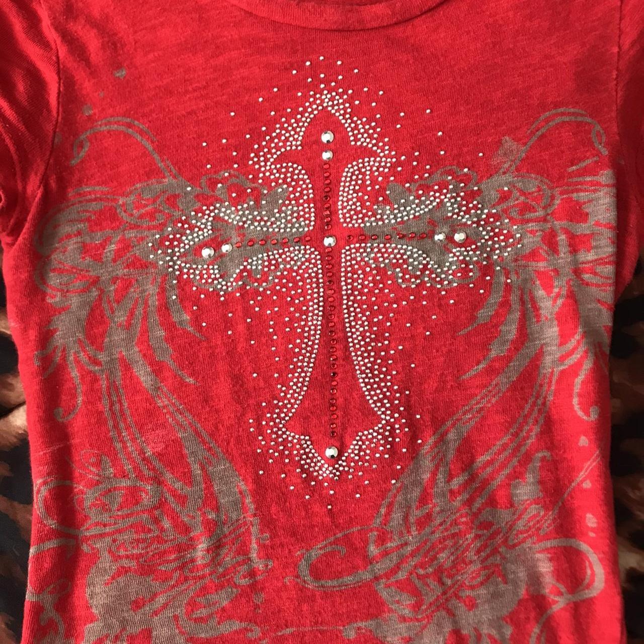 Red Y2K Rhinestone Baby Tee Size XS Good condition... - Depop