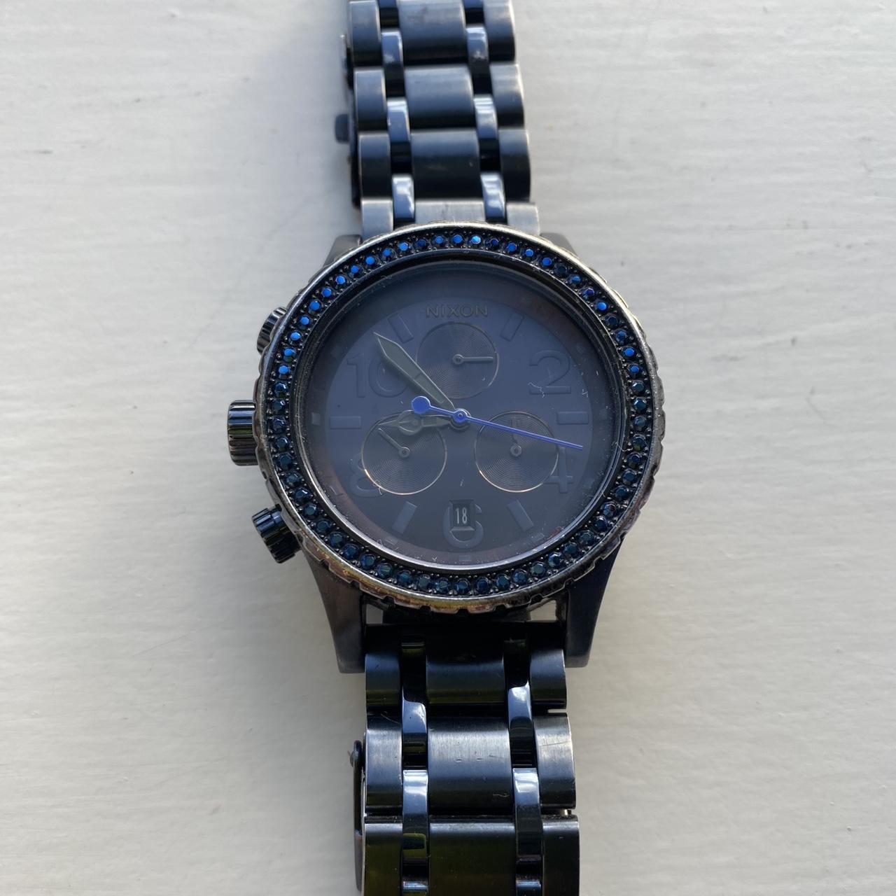 Black stainless steel watch with blue diamonds #goth... | Depop