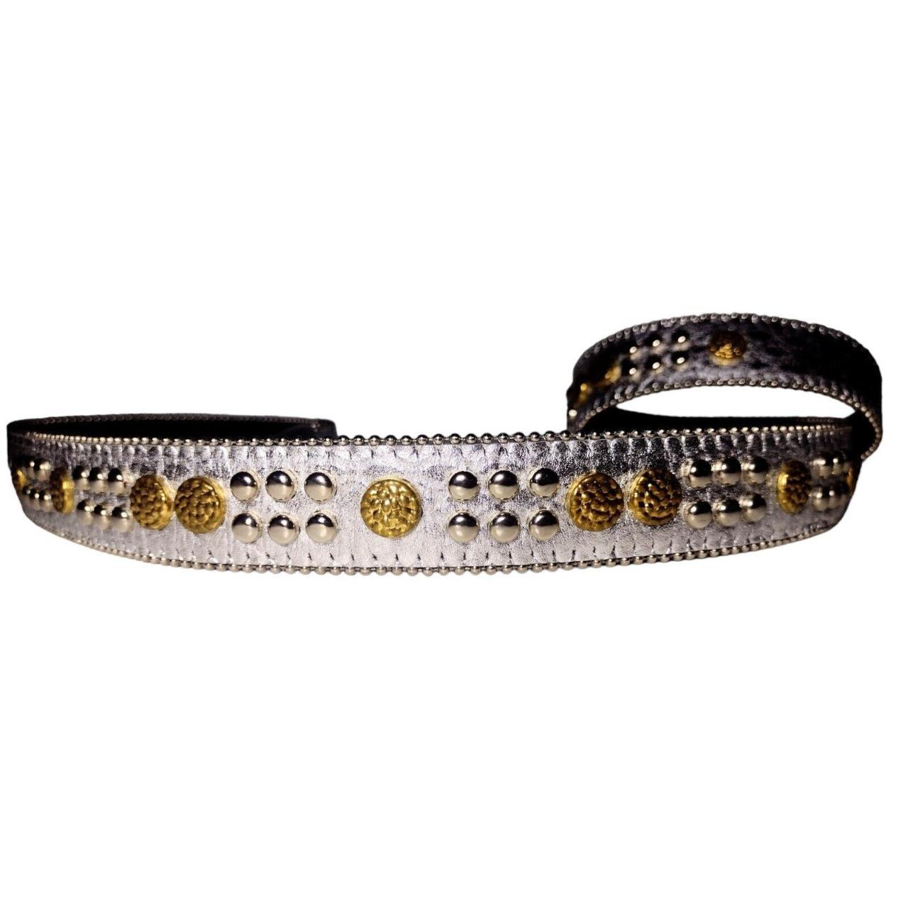Metallic Genuine Leather Silver Gold Studded Belt... - Depop