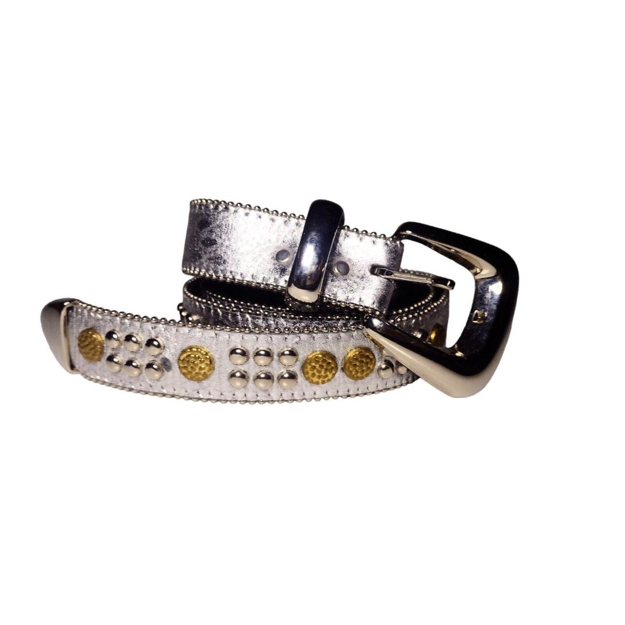 Metallic Genuine Leather Silver Gold Studded Belt... - Depop