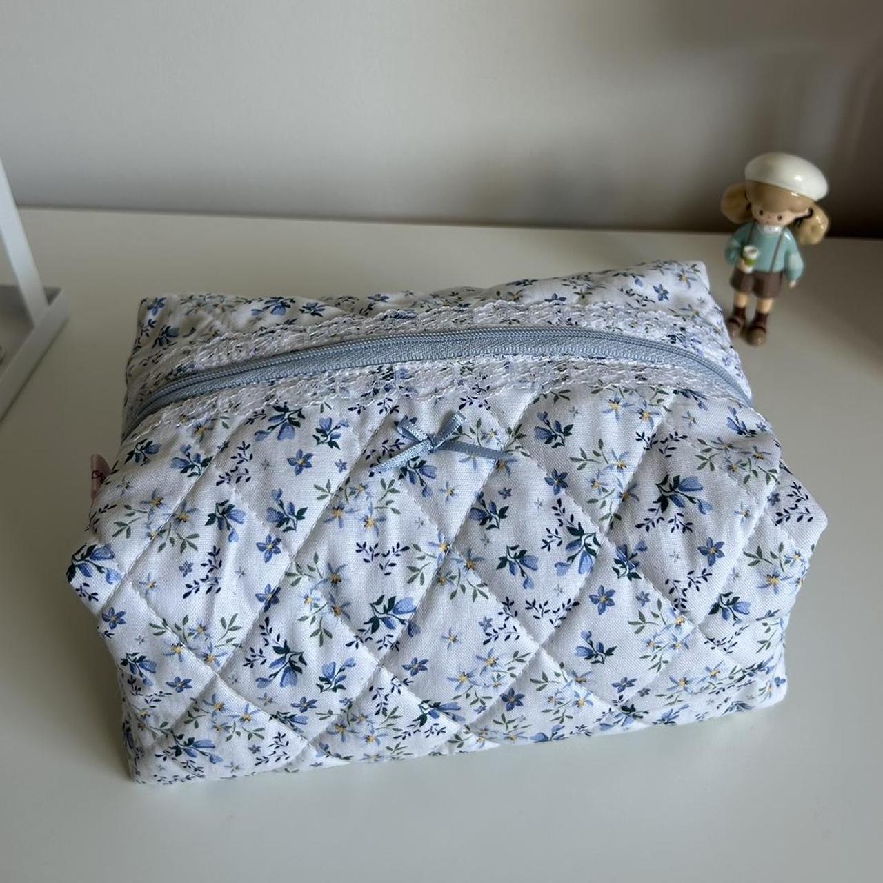 handmade large quilted blue floral makeup bag... - Depop