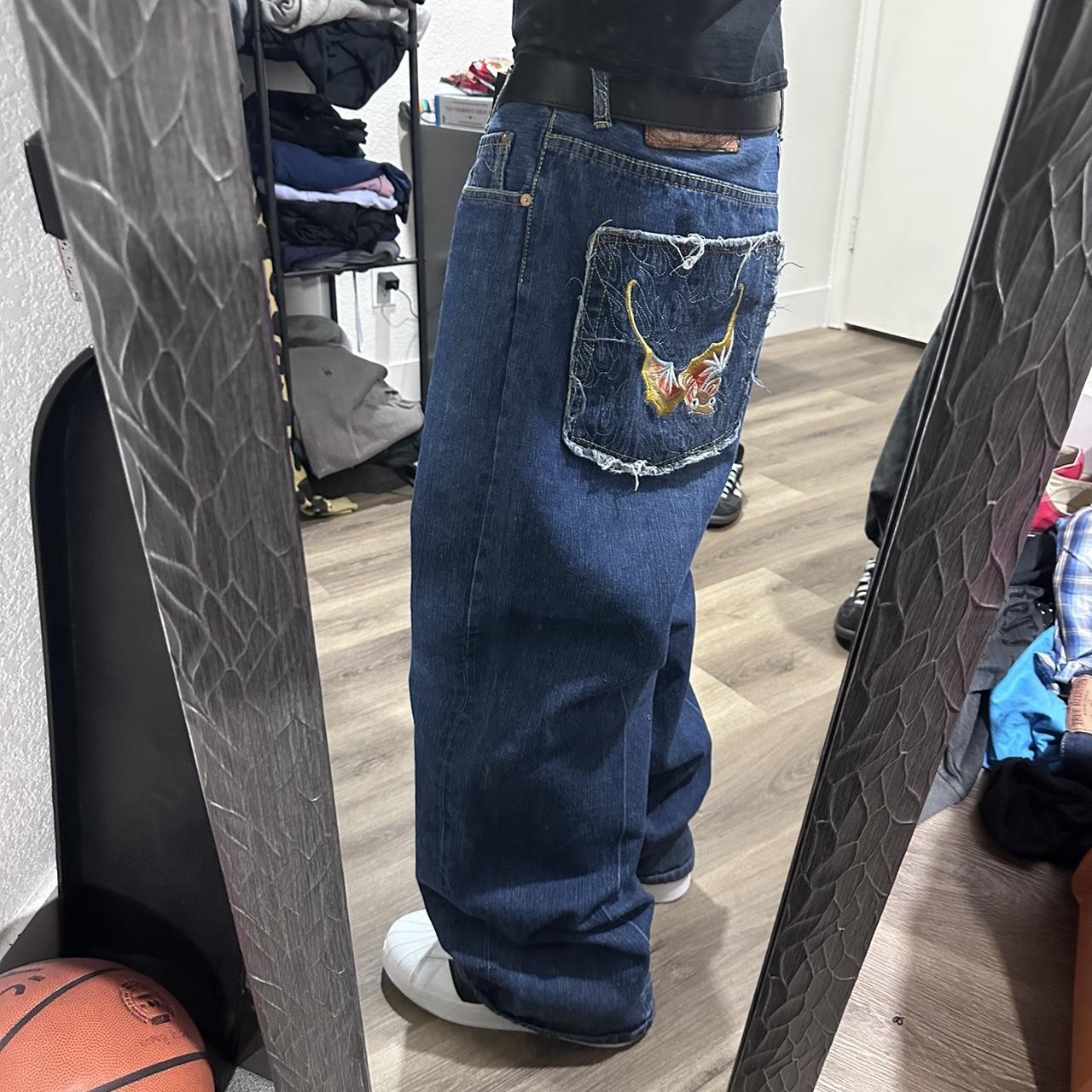 Red monkey jeans Y2k Baggy rmc wit embroidery... - Depop