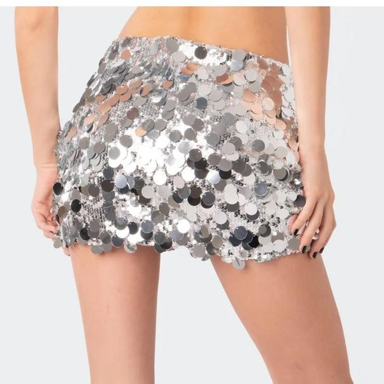 Sabina Low-Rise Sequin Mini Skirt silver size medium... - Depop