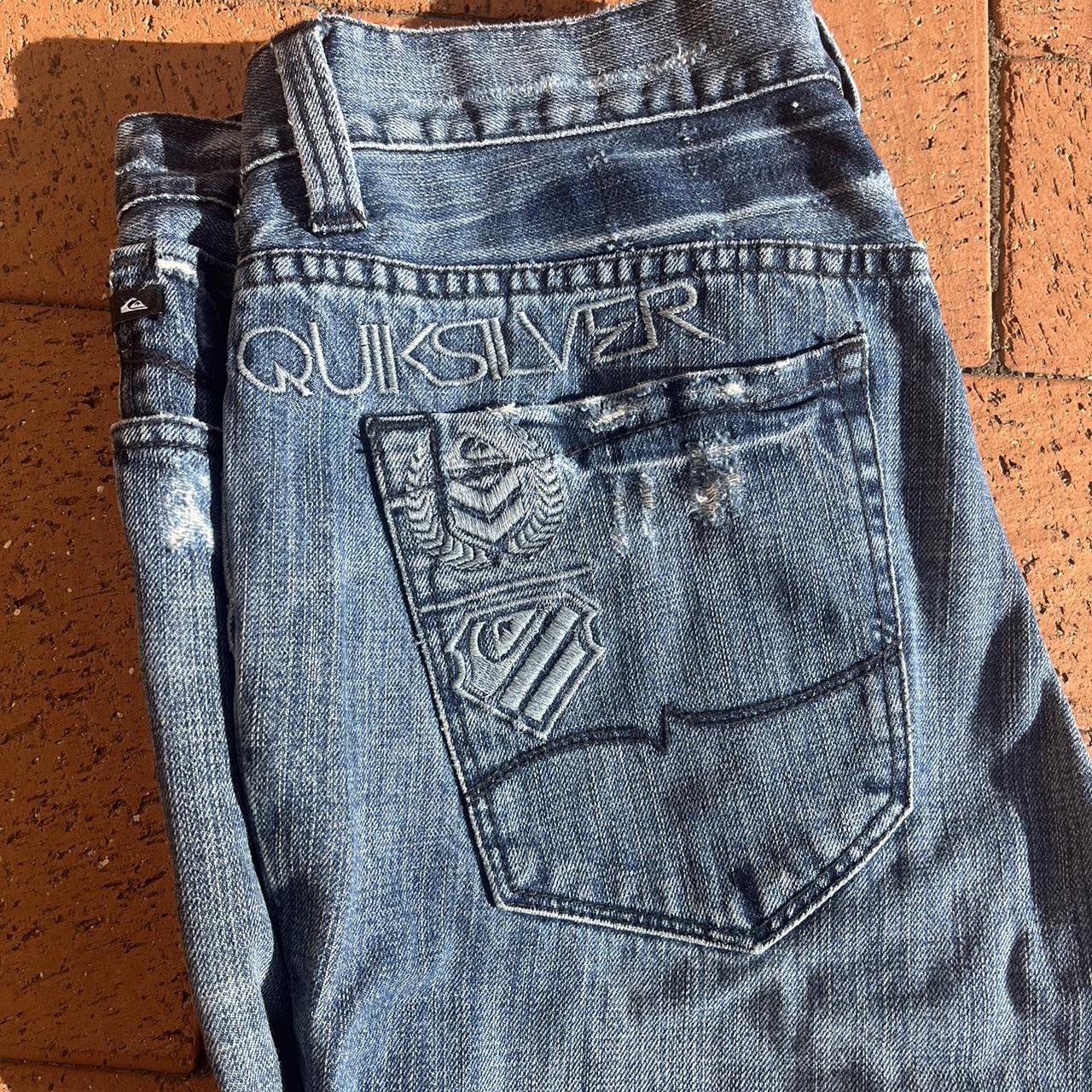 Y2K quicksilver jeans with cool embroidery Sized... - Depop