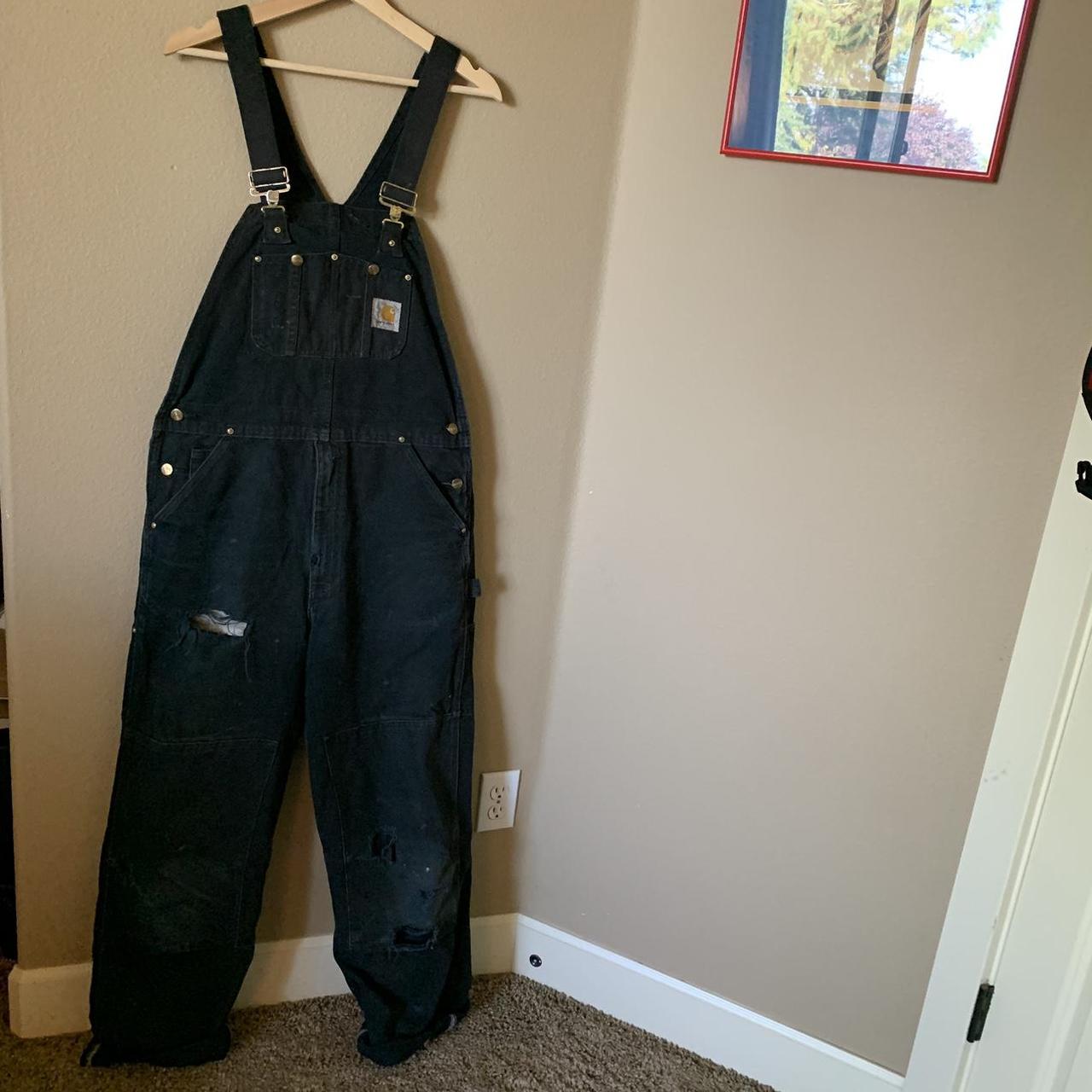 black Carharttt vintage distressed overalls fit... - Depop