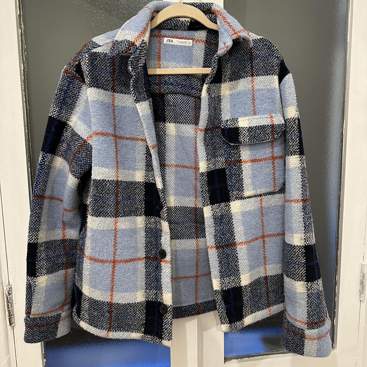 zara men’s shacket with blue checkered pattern size... - Depop