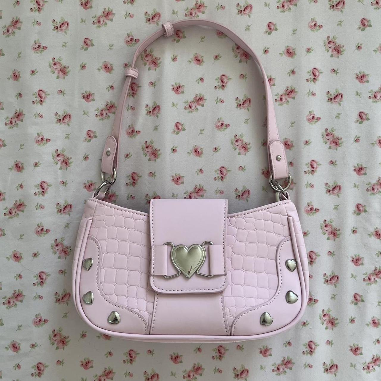 small pink y2k style shoulder bag with silver heart... | Depop