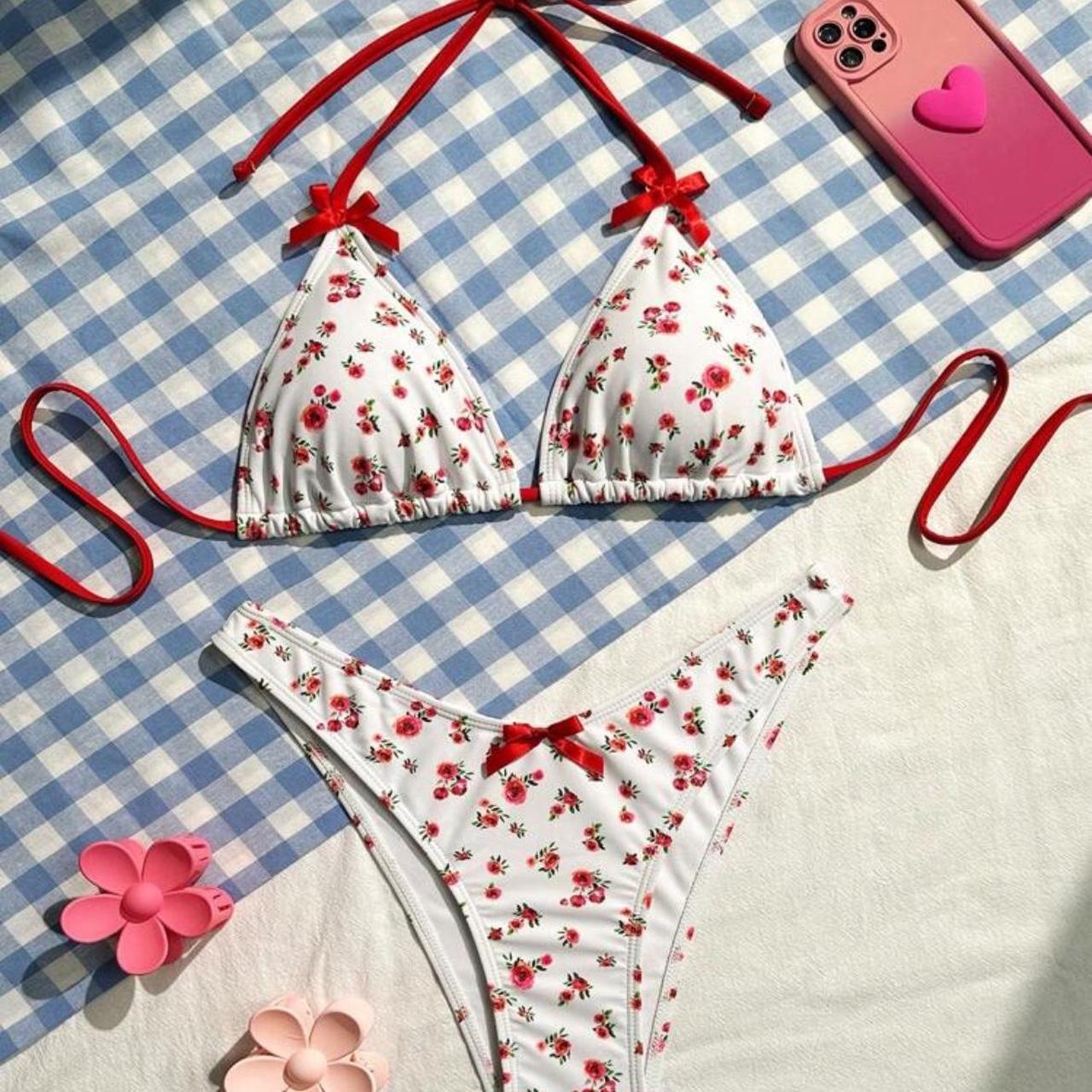 Adorable bikini set. White with red and pink roses.... | Depop