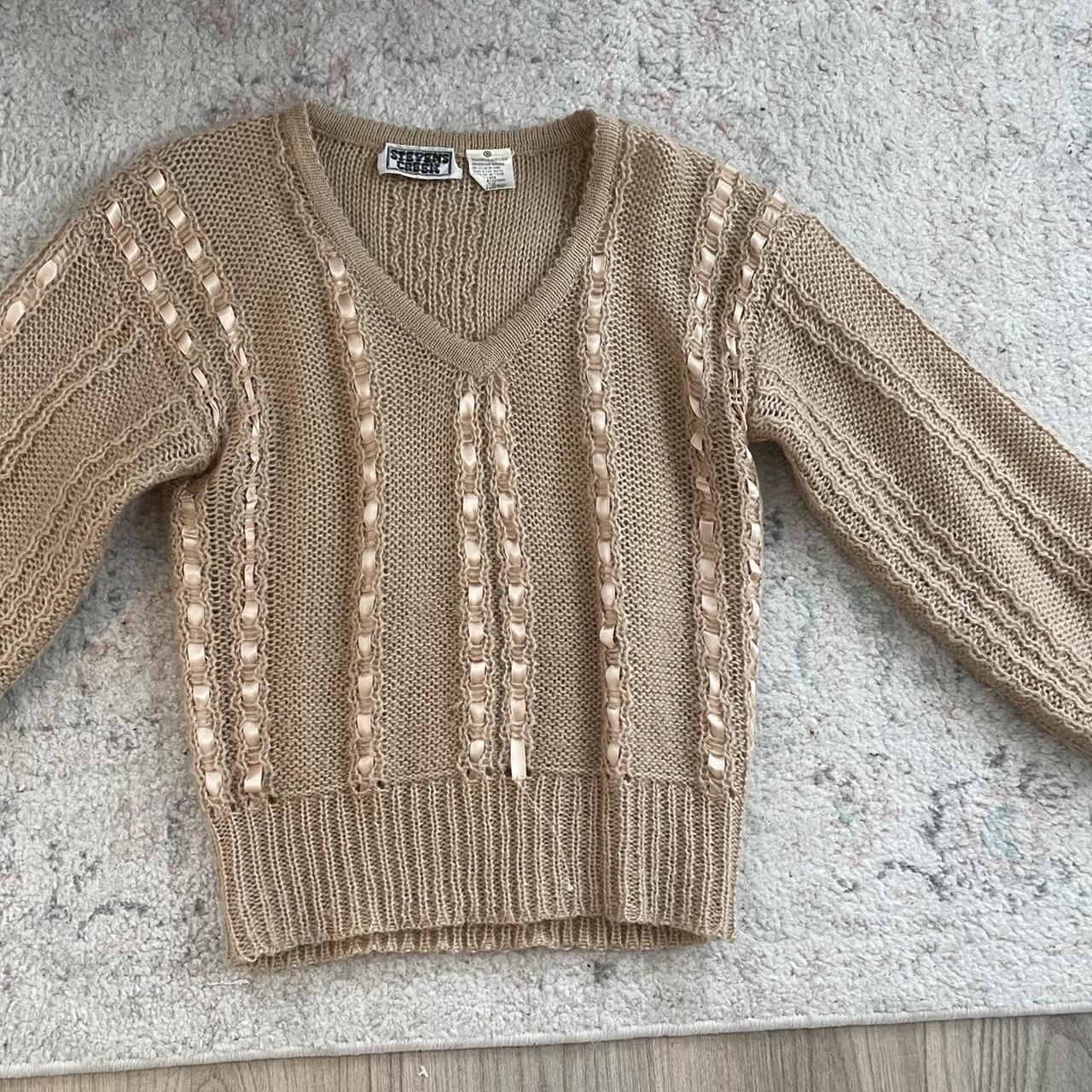 Beautiful Tan Knit Sweater with Ribbons. Super... - Depop