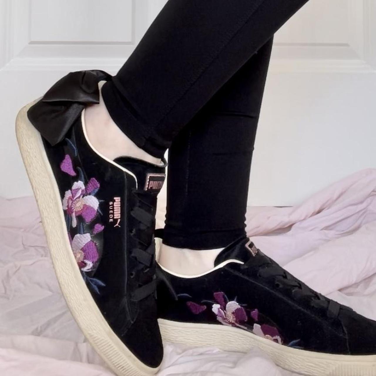 puma suede black shoes with purple embroidery size... - Depop
