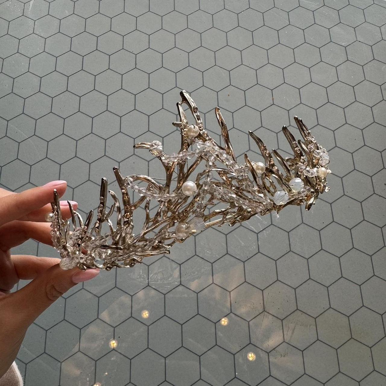 Silver metal rhinestone and beaded costume crown 👑... - Depop