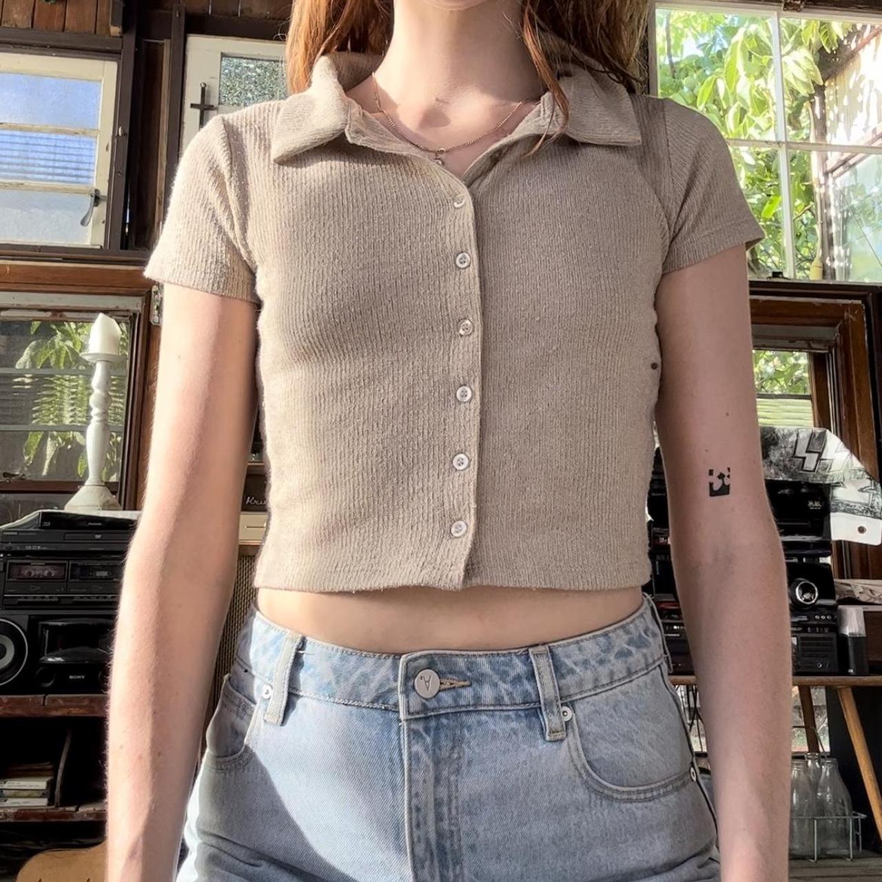 Cotton on brown collared button up top Size XS - Depop