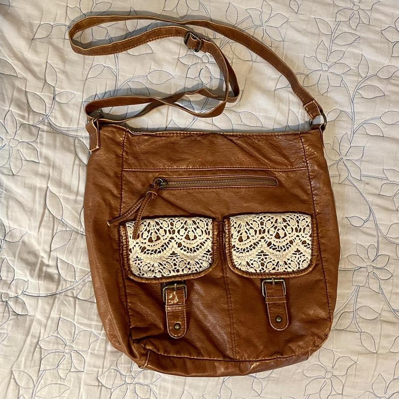 Vintage Mossimo Brown Leather Satchel/Crossbody... - Depop