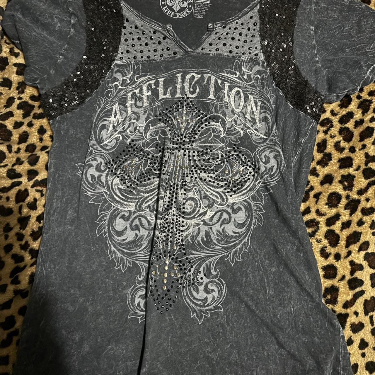 affliction bling v neck t-shirt fits like a... - Depop