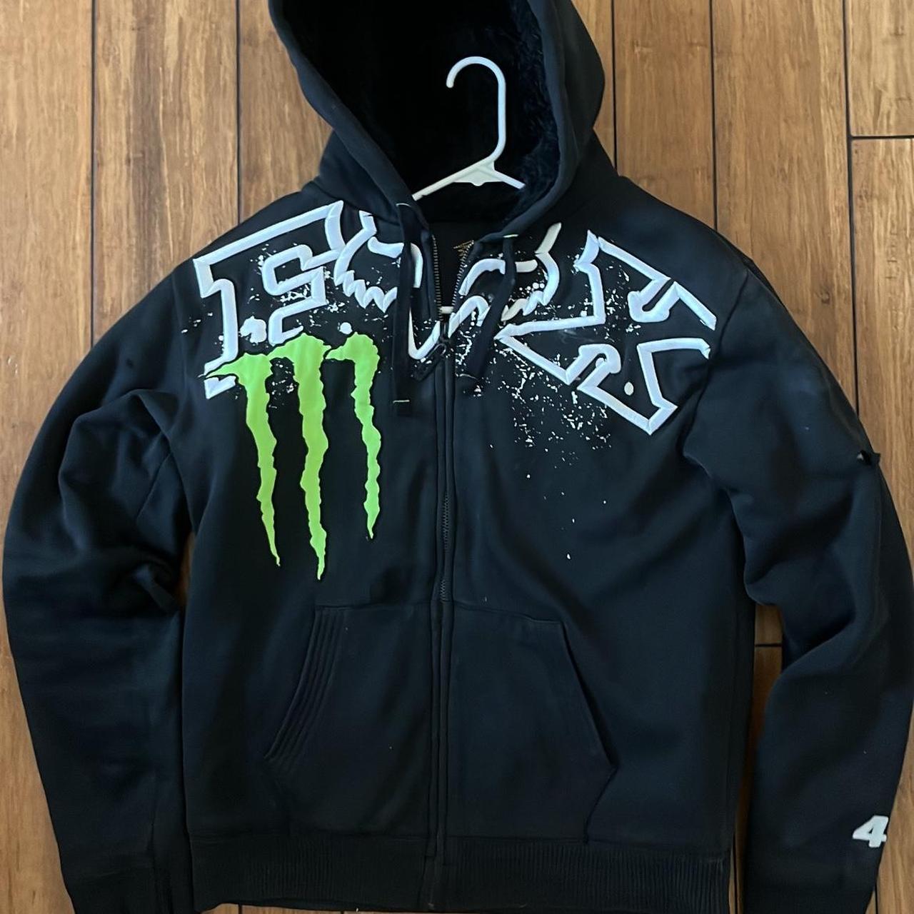 Fur lined Vintage fox racing x monster zip up x... - Depop