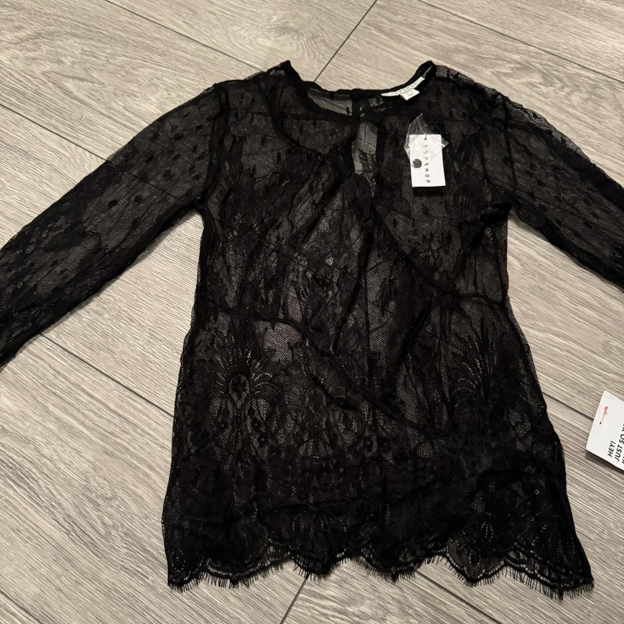 Topshop long sleeve eyelash lace shell top in black... | Depop