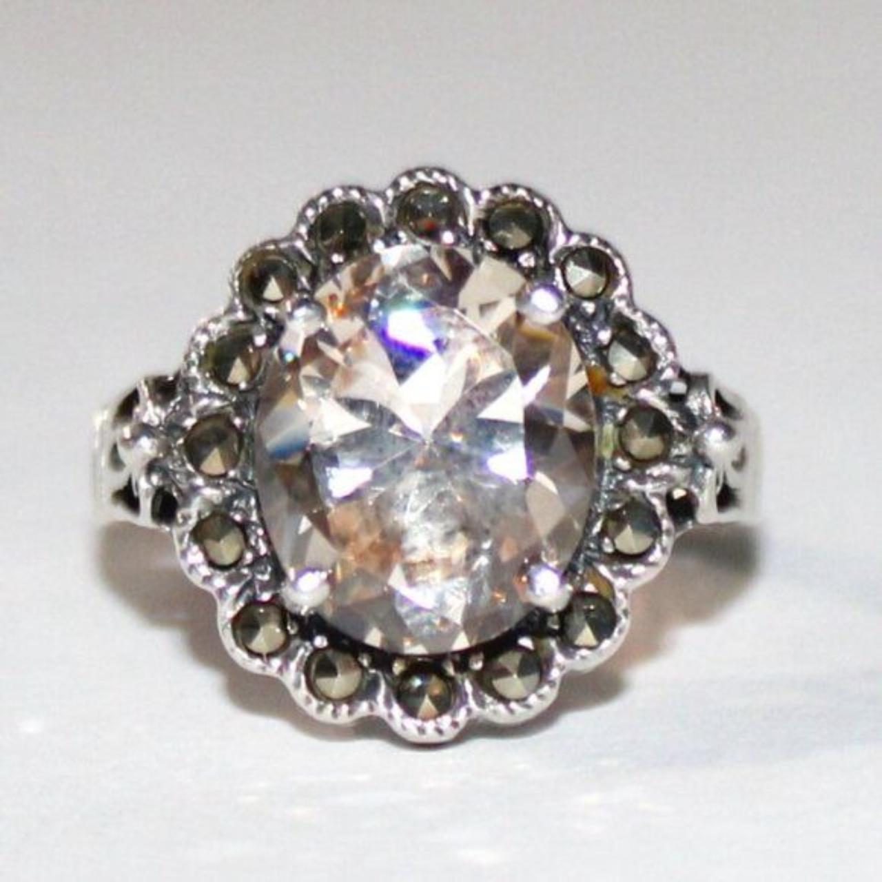 Retro Sterling Silver Marcasite Glass Ring Retro... - Depop
