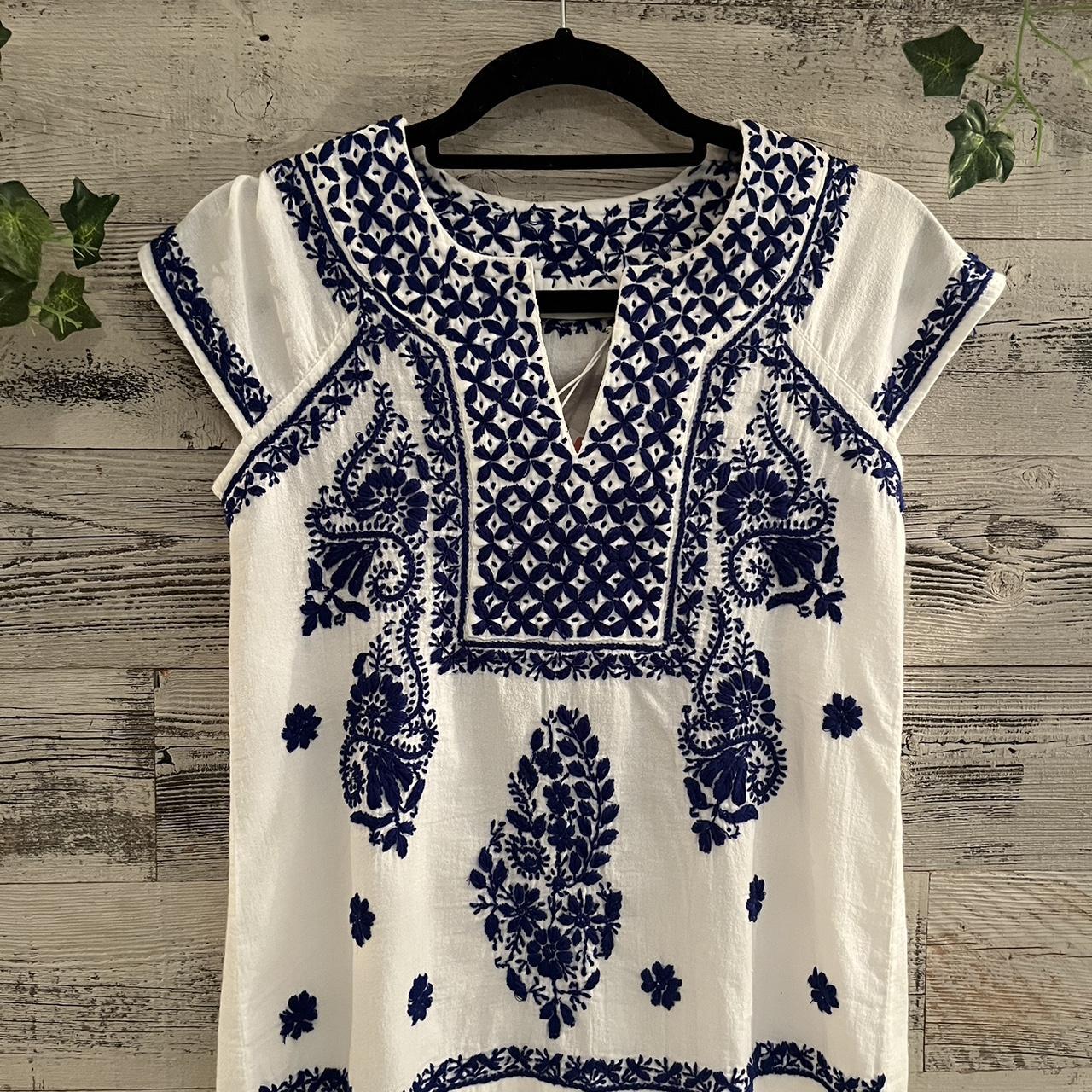 Roller Rabbit Faith Top in the color White/Cobalt.... - Depop