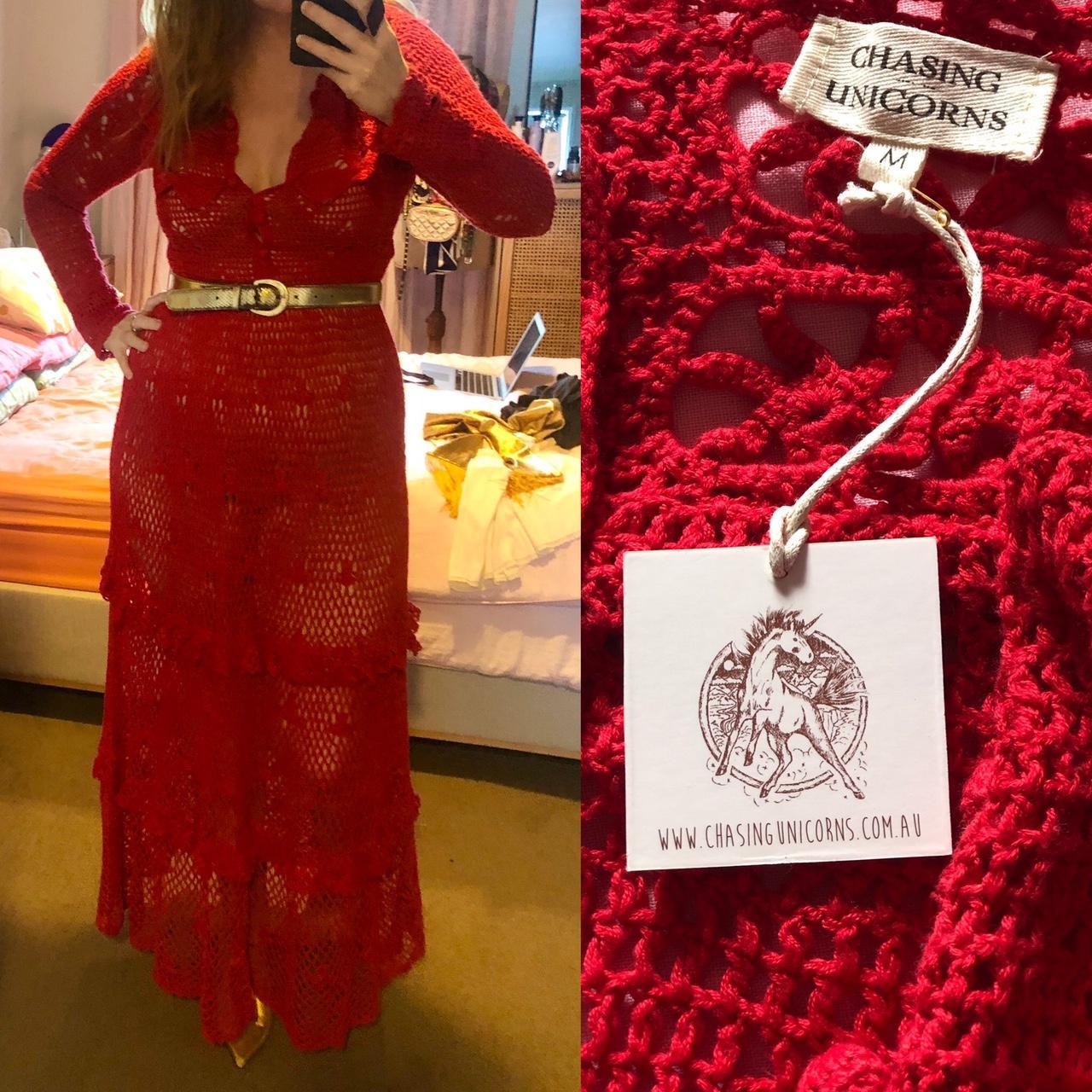 Chasing Unicorns Red Crochet Maxi Dress Fire on the... - Depop