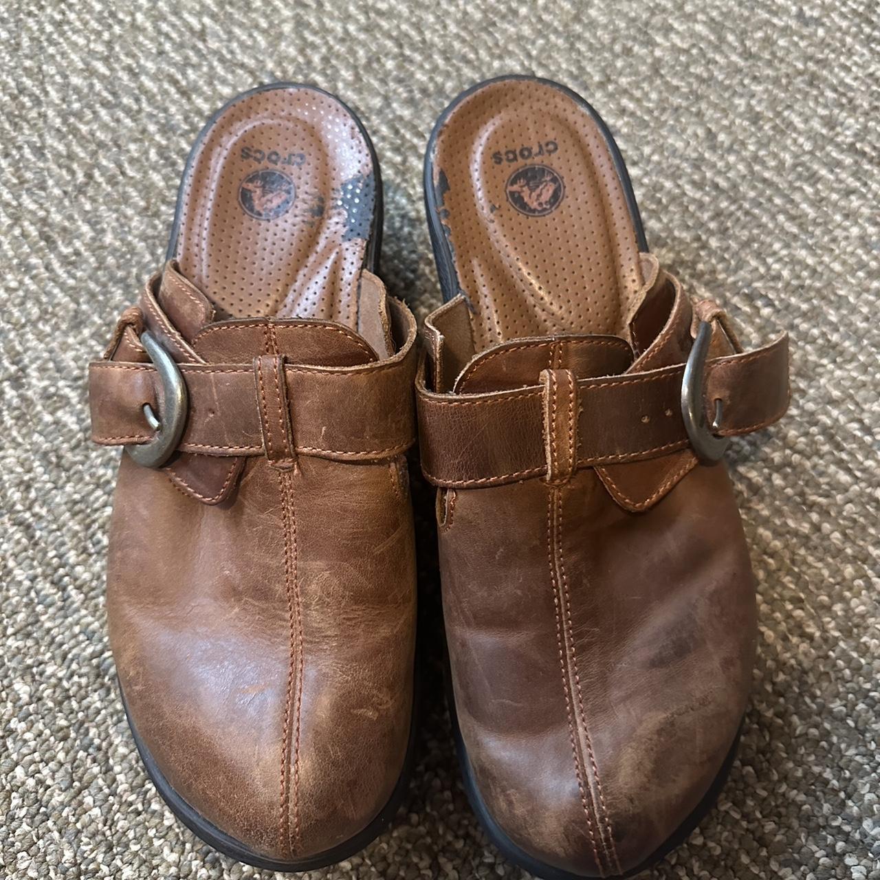 Brown Leather Crocs in size 9. Super cute and... - Depop