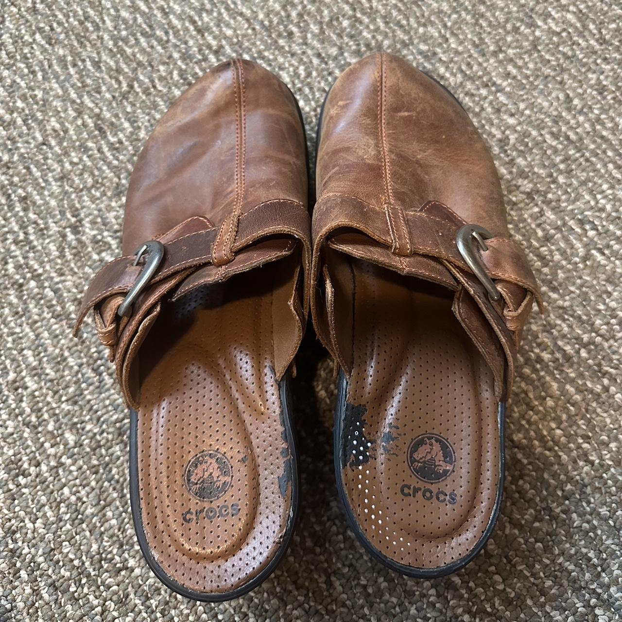 Brown Leather Crocs in size 9. Super cute and... - Depop