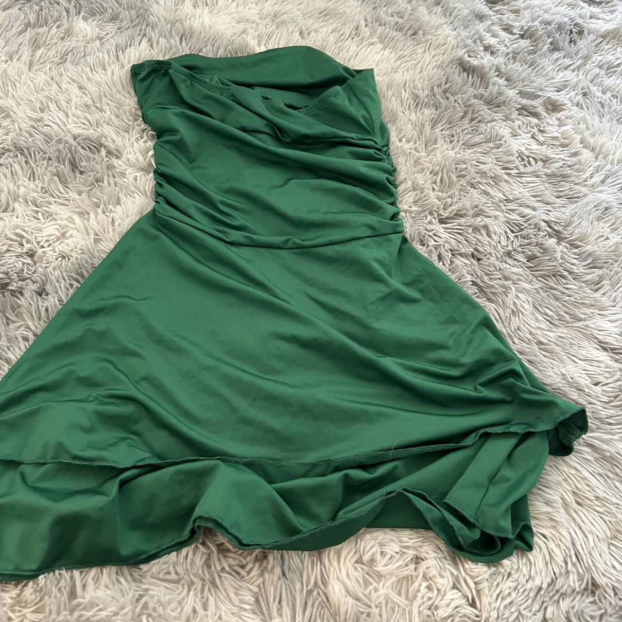 Green strapless dress with ruffles #green #ruffles - Depop