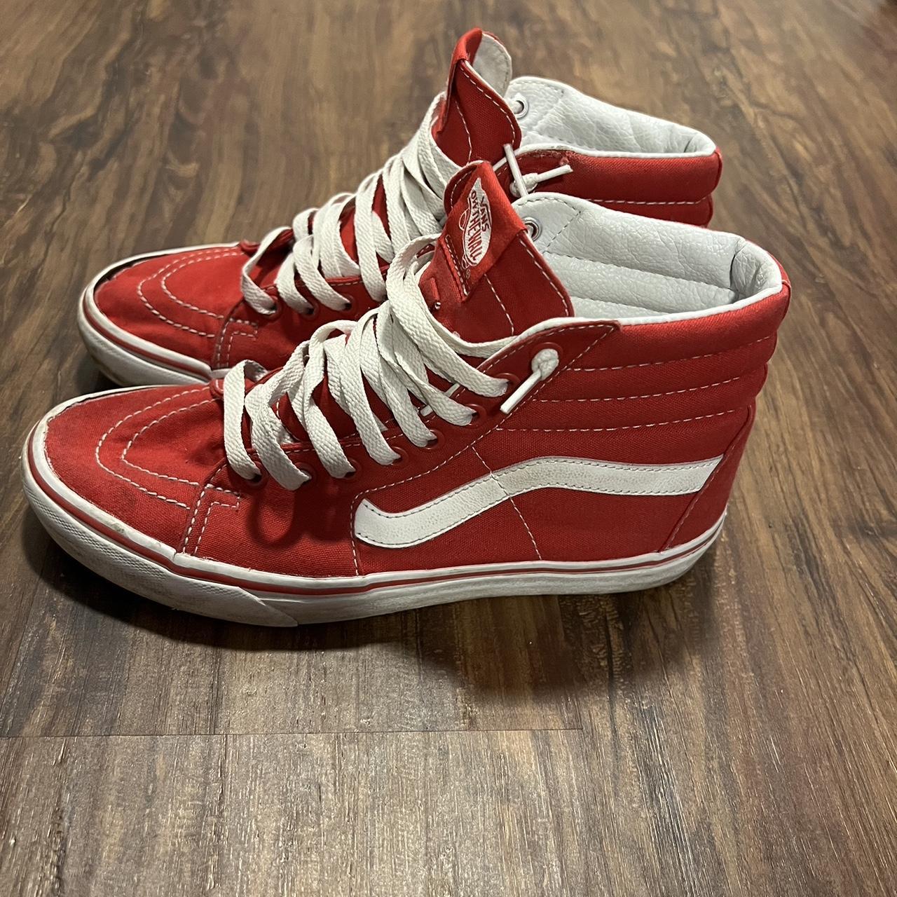 Red Sk8-Hi Vans size:7.0M/8.5W USED/minor tears on... - Depop