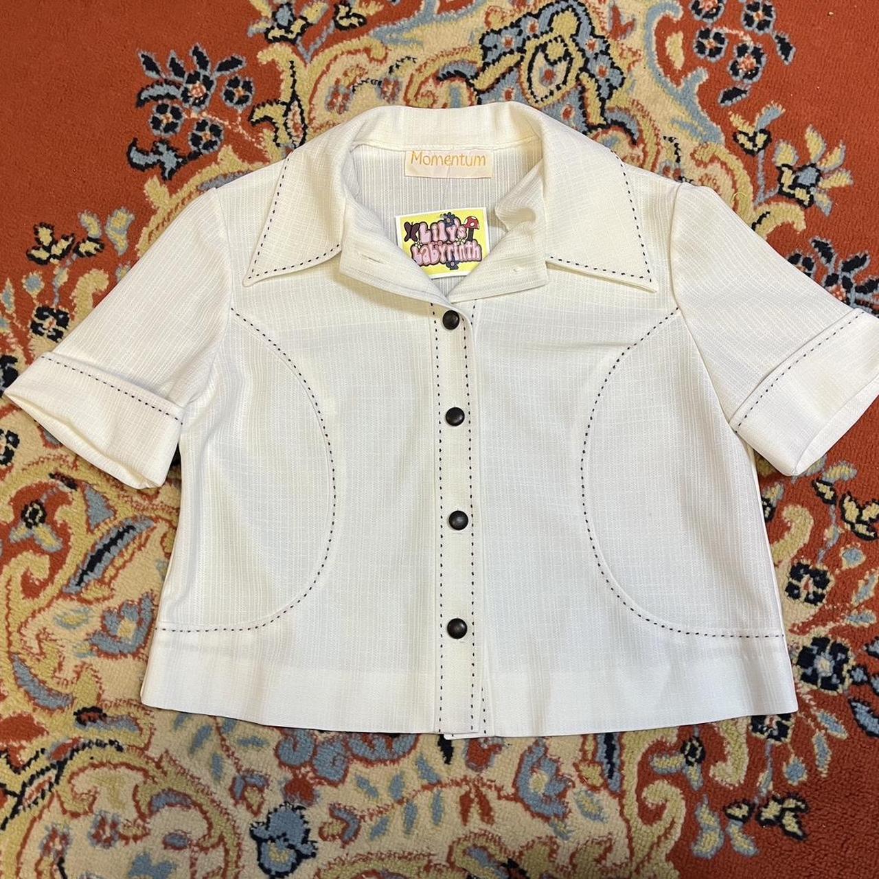 Vintage Momentum white button-up blouse with dark... - Depop