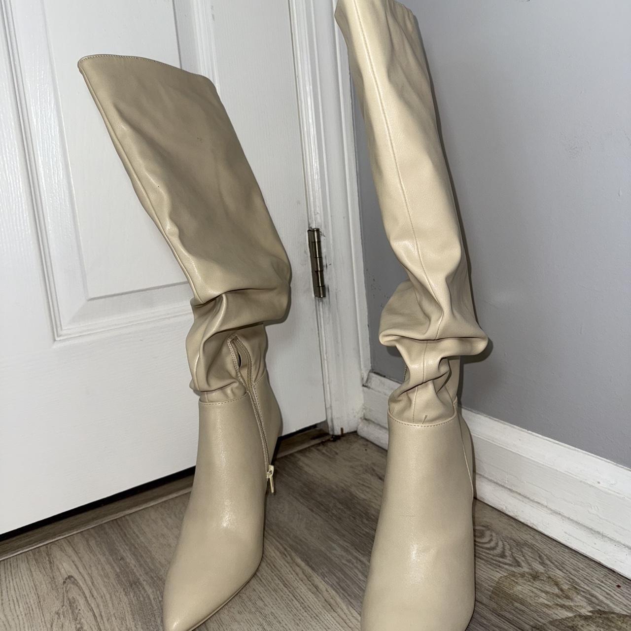 Cream knee-high boots with heel #kneehighboots #trendy - Depop