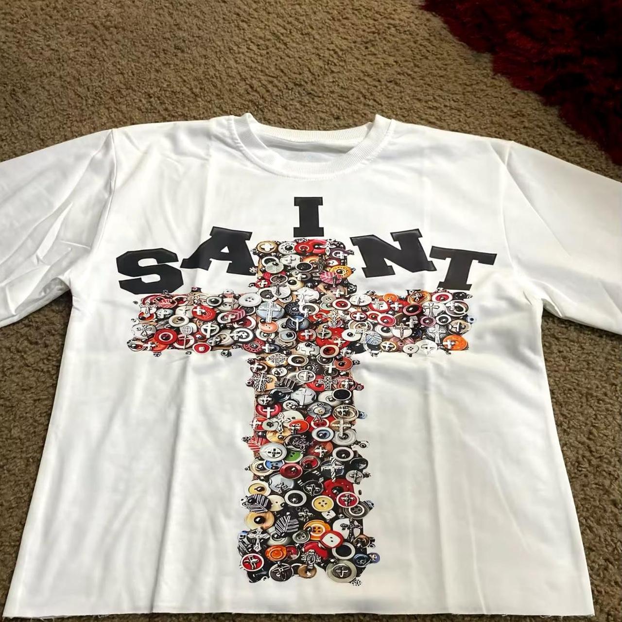 White Saint Laurent cross shirt with silver accents... - Depop