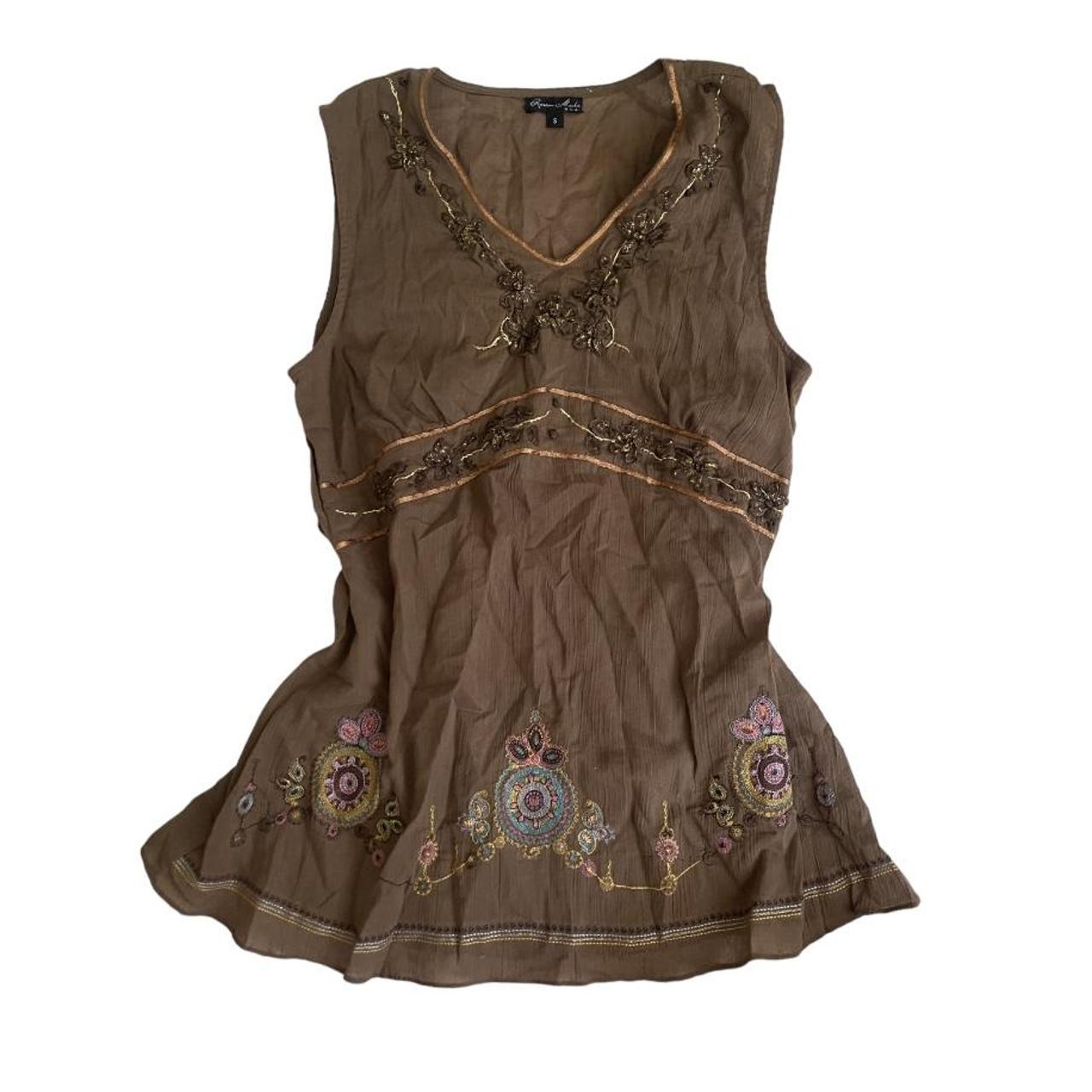 y2k forest fairy embroidered brown babydoll tank... - Depop
