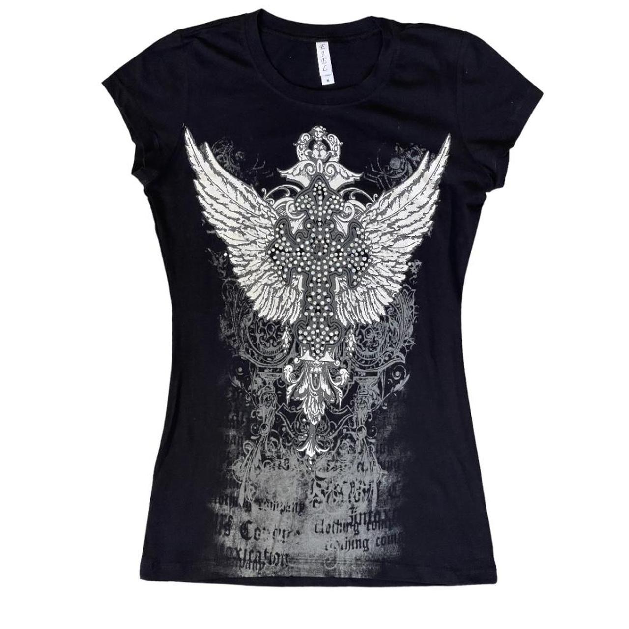 y2k grunge black & white rhinestone cross angel... - Depop